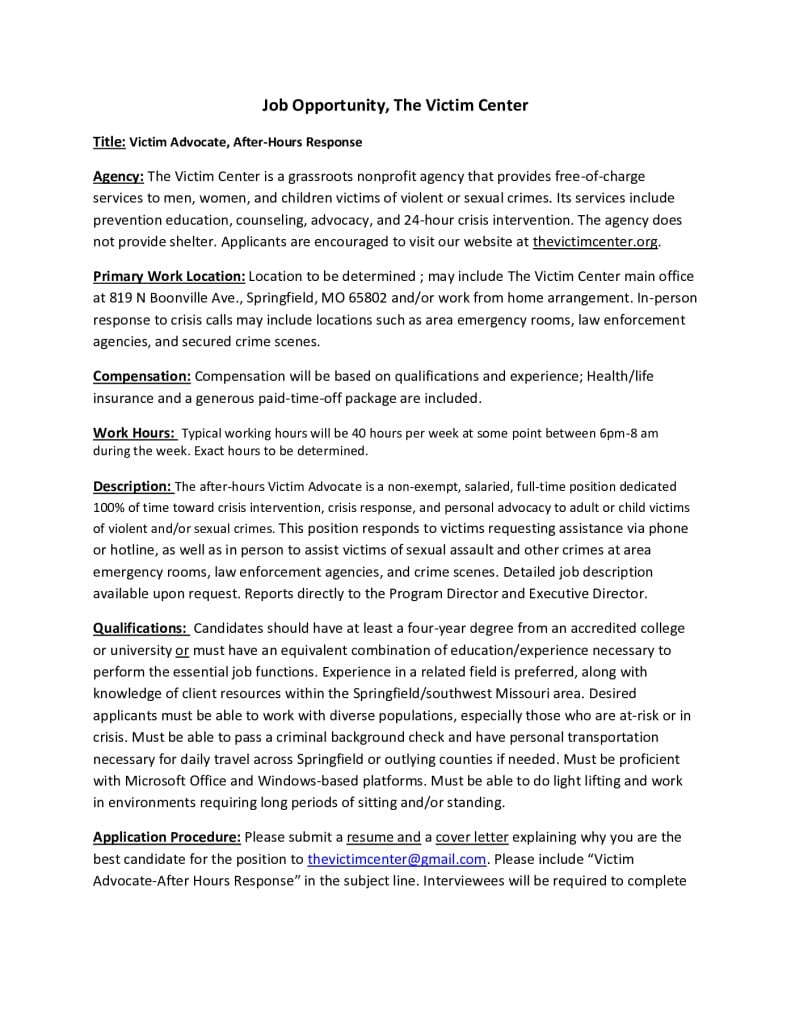Job Opportunity, Victim Advocate After Hours Response | The Victim Center