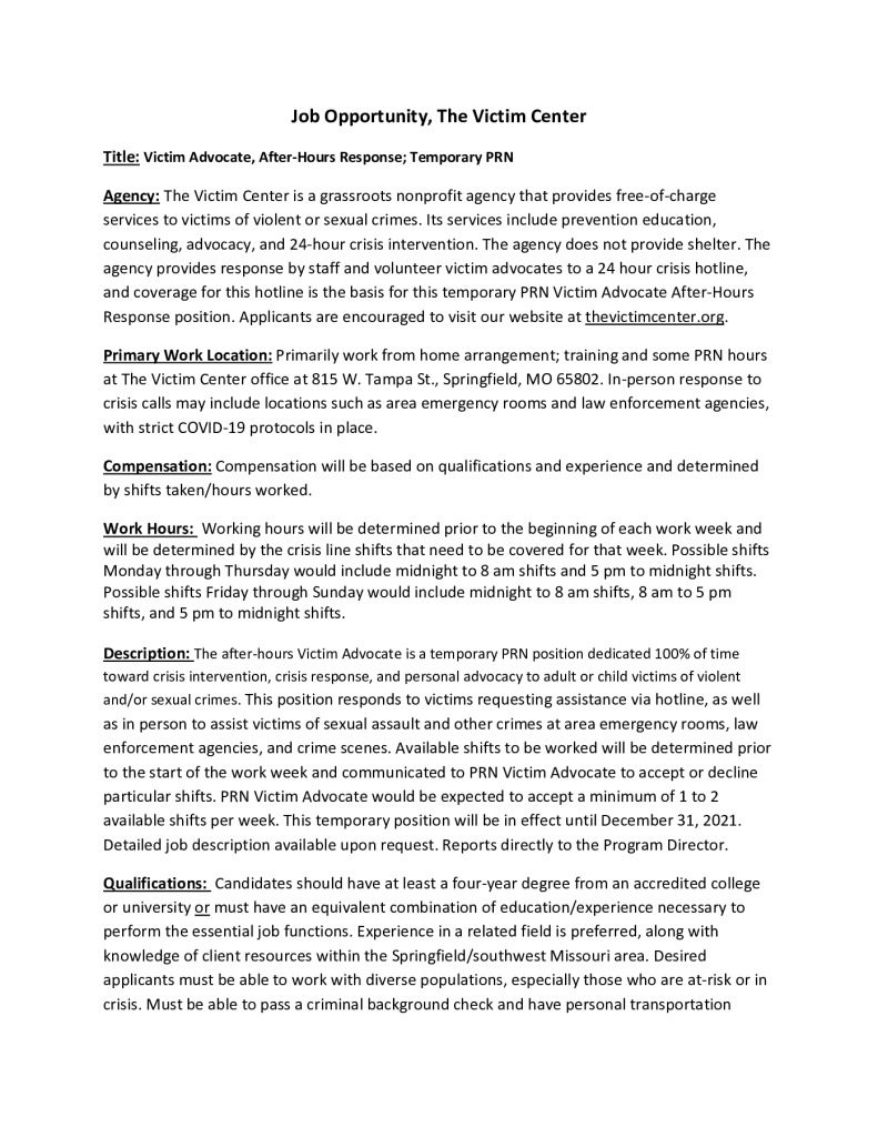 Job Opportunity, Victim Advocate After Hours Response TEMPORARY PRN ...